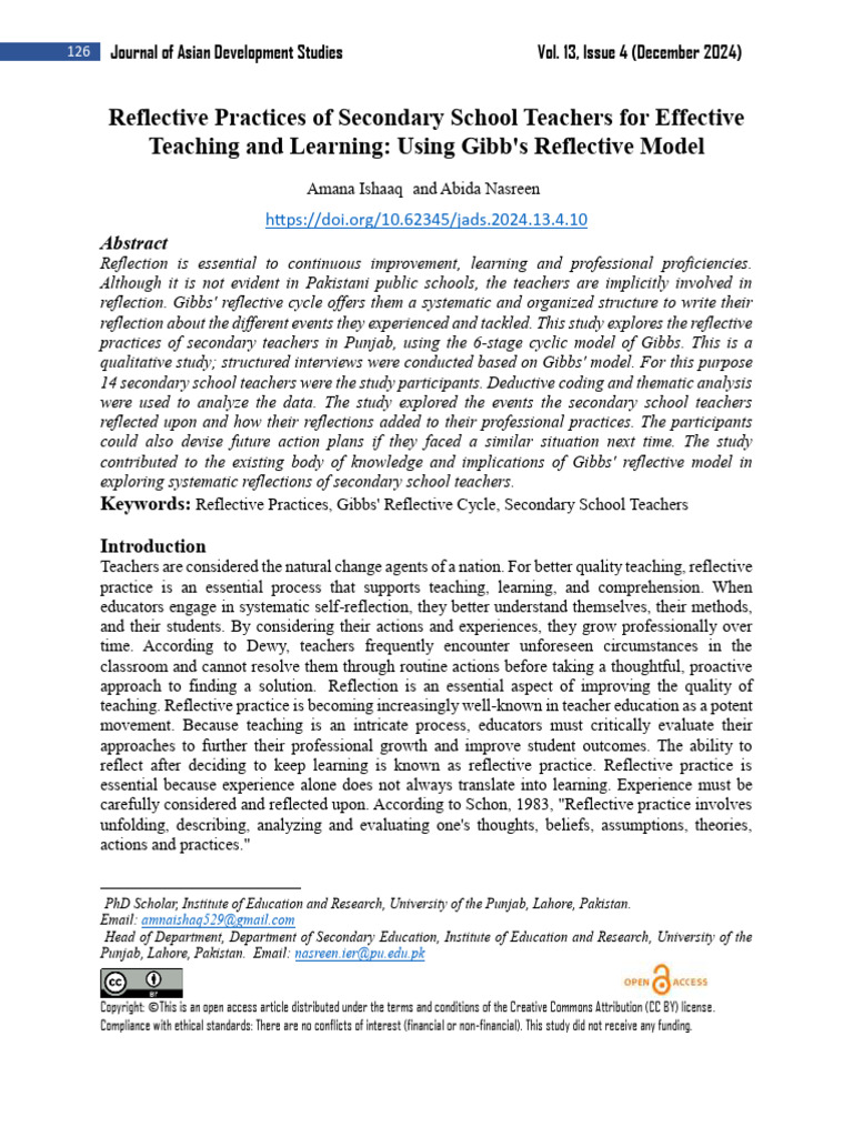 Reflective Practices in Teaching: Gibbs Model | PDF | Reflective ...
