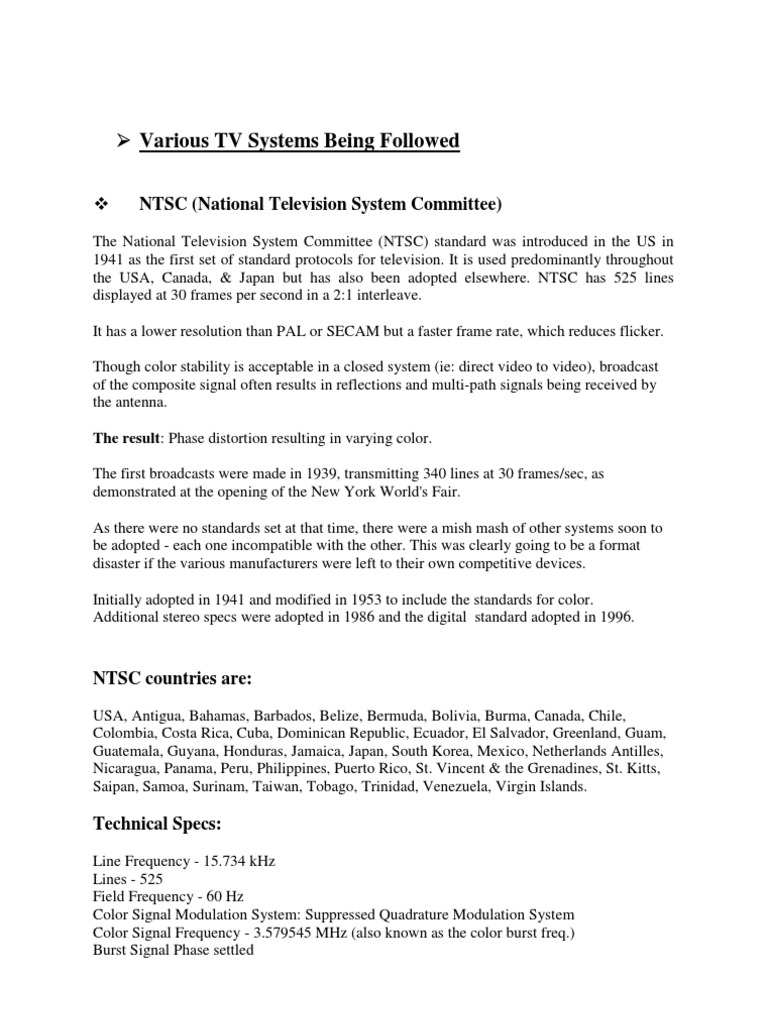 Various TV Systems Being Followed: NTSC (National Television System Committee) | PDF | Power ...