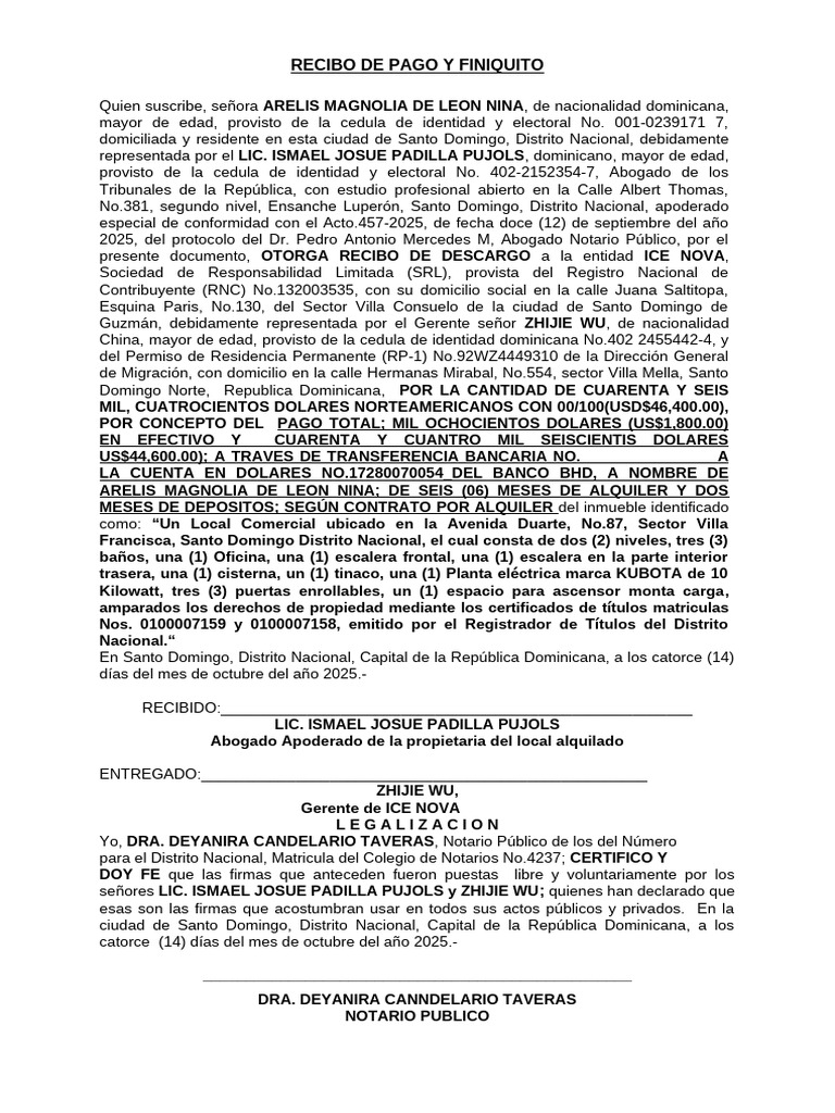 Recibo de Pago y Finiquito Arelis Leon-Ice Nova-Correcto | PDF ...