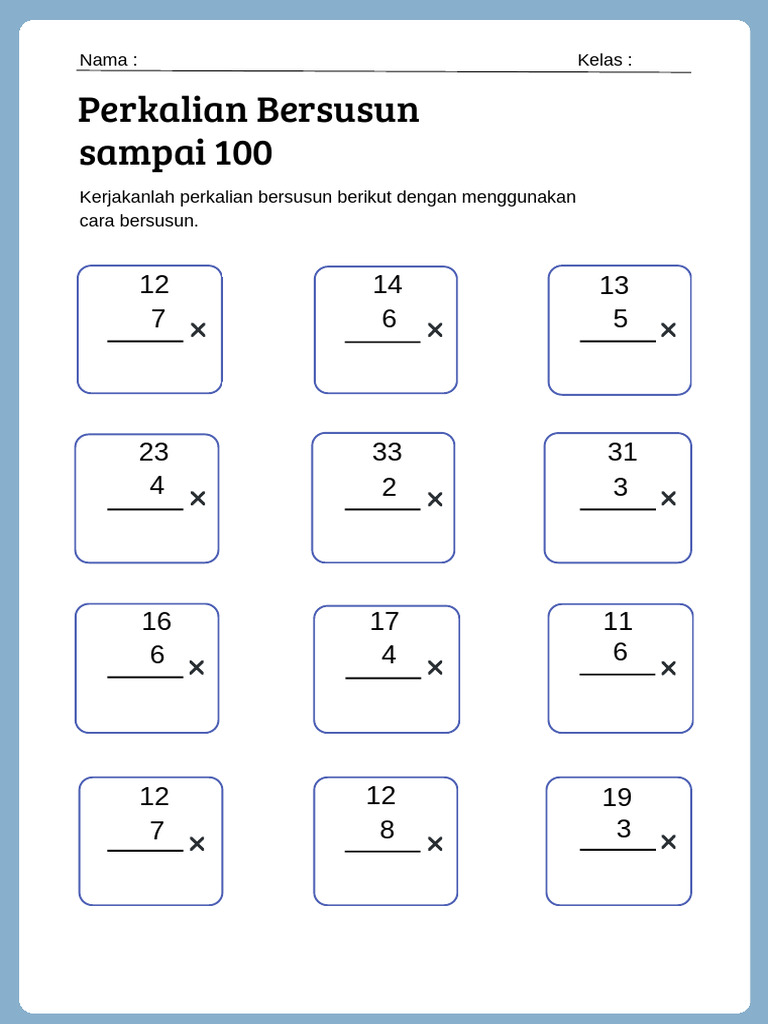 Perkalian Bersusun Bilangan Ratusan Lembar Kerja Biru Putih Sederharna ...