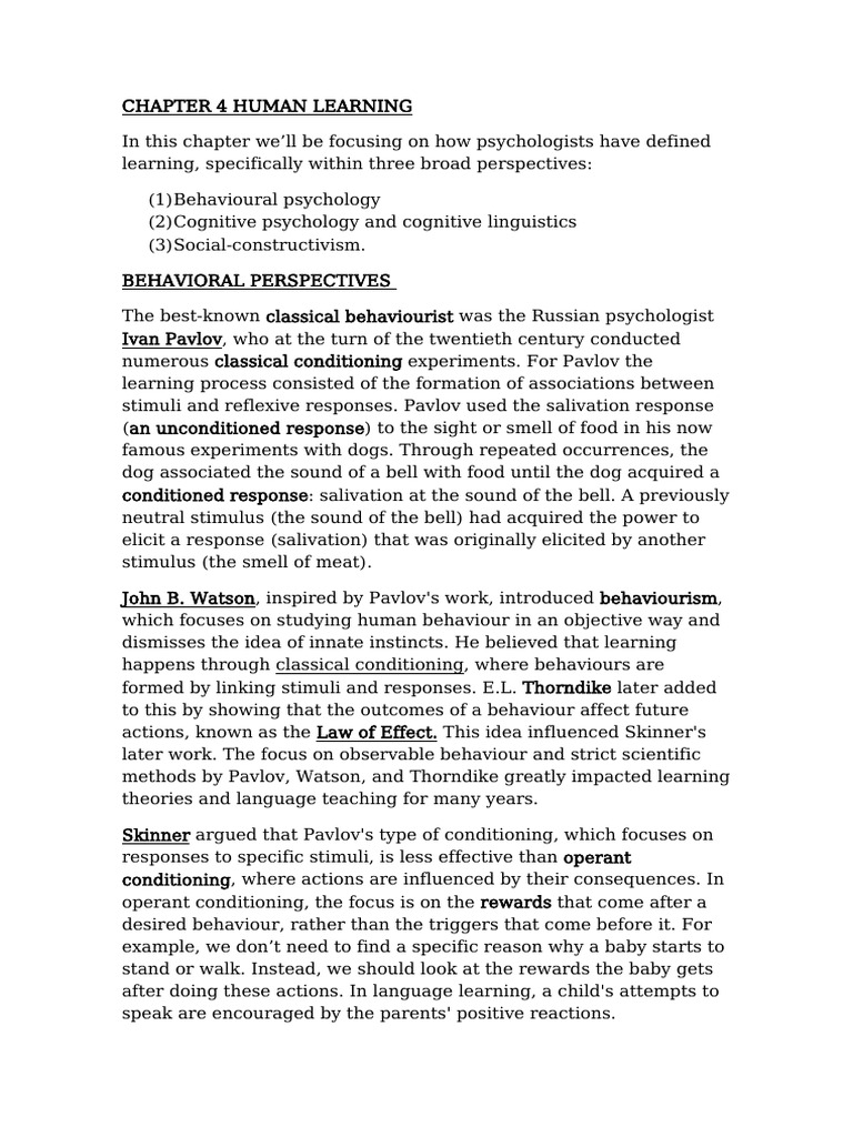 Chapter 4 Human Learning | PDF | Behaviorism | Classical Conditioning