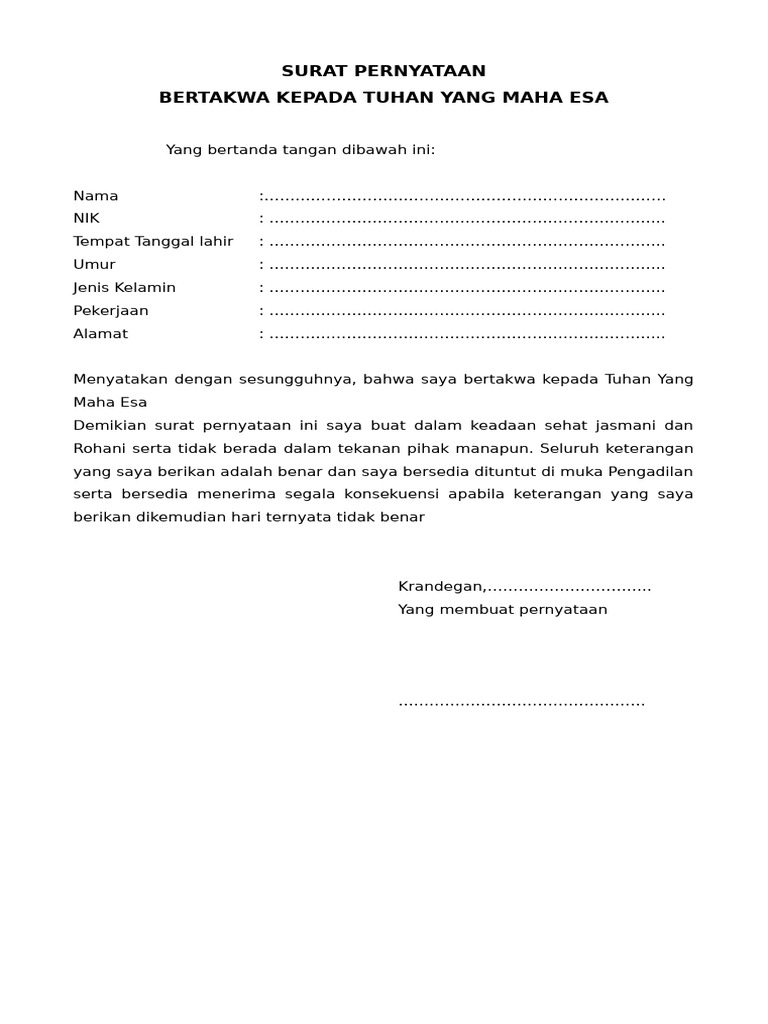 Surat Pernyataan Bertaqwa Pada Tuhan Yme | PDF
