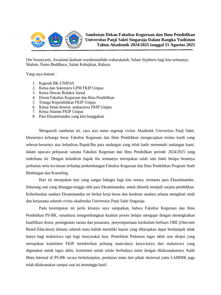 Sambutan Dekan Yudisium FKIP Unipas 2025 | PDF