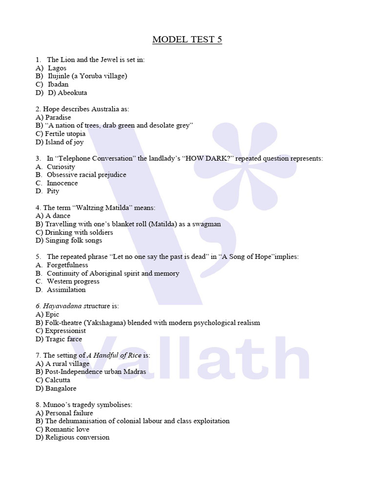 Literature Model Test Questions | PDF | Educational Assessment ...