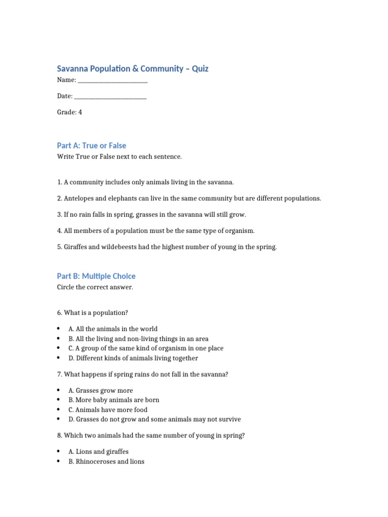 Savanna TrueFalse MultipleChoice Quiz | PDF