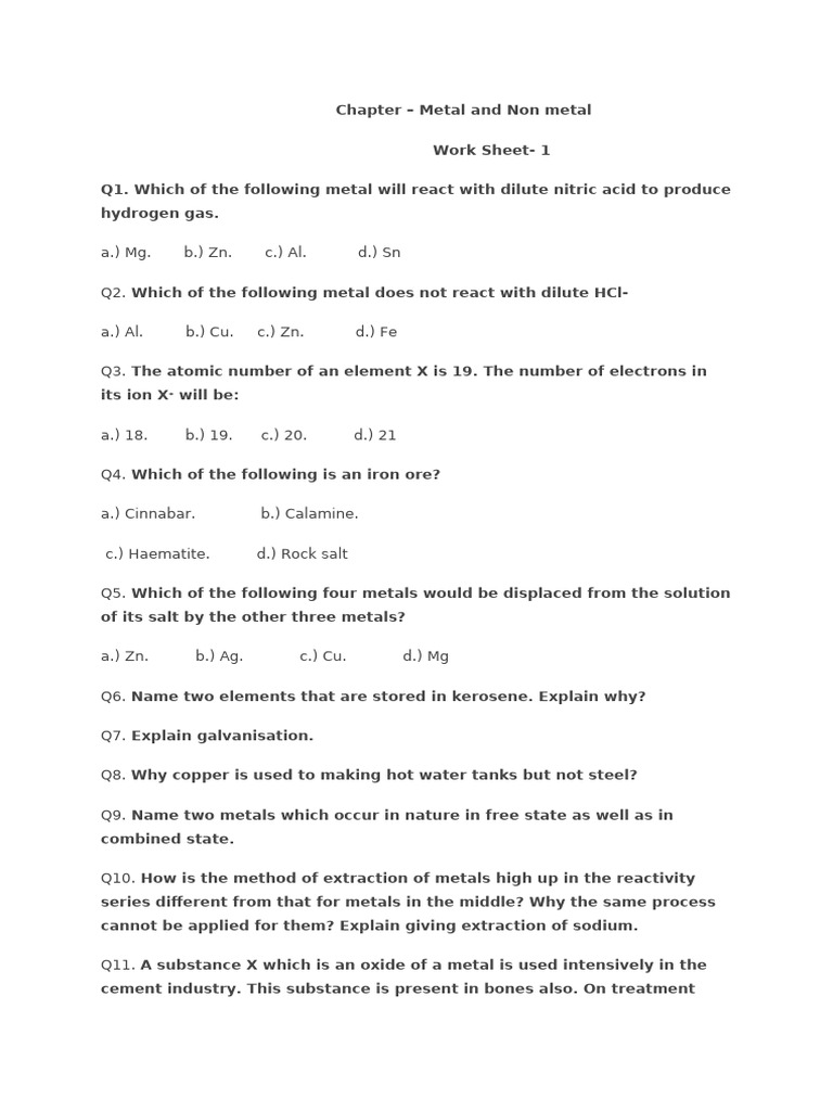 Worksheet Metal and Non Metal | PDF | Metals | Magnesium