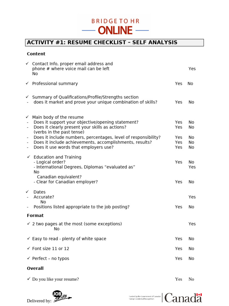 Activity1 - Resume Checklist - Self Analysis | PDF