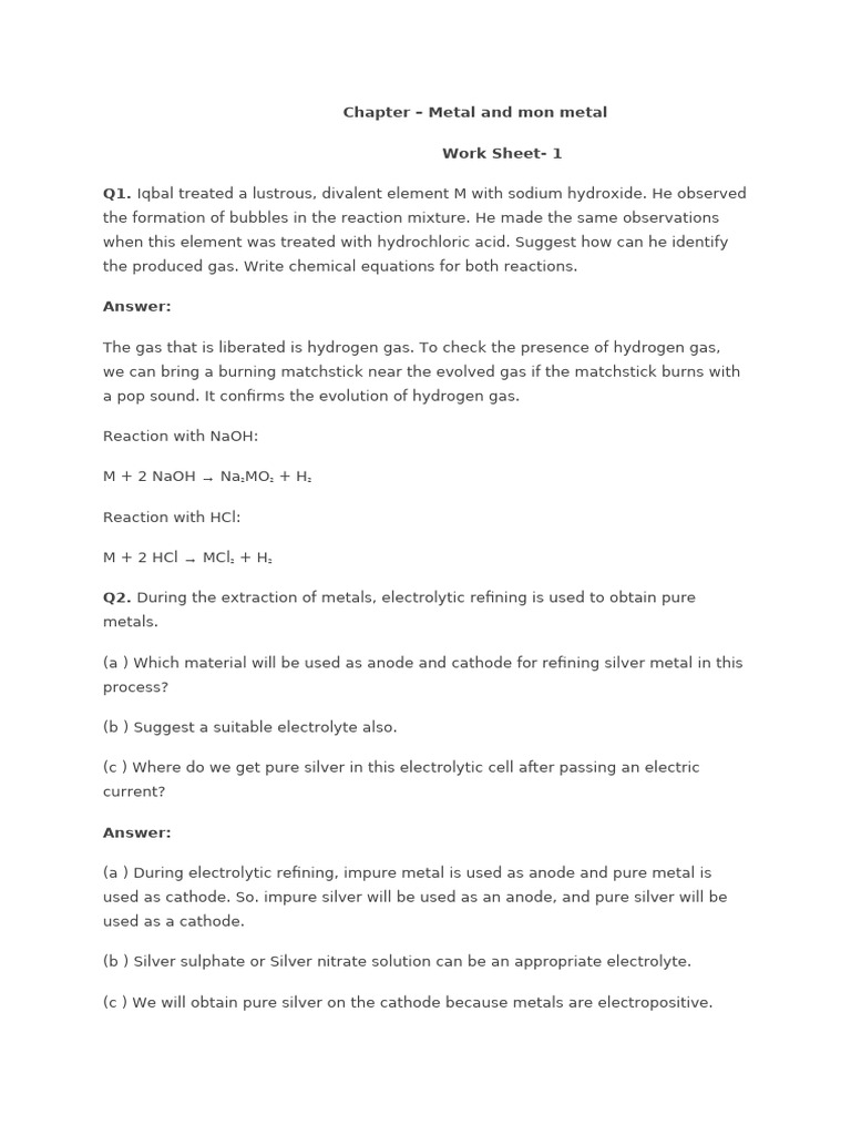 Worksheet Chapter Metal and Non Metals | PDF | Redox | Sodium Hydroxide