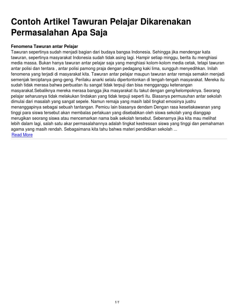 Contoh Artikel Tawuran Pelajar Dikarenakan Permasalahan Apa Saja | PDF