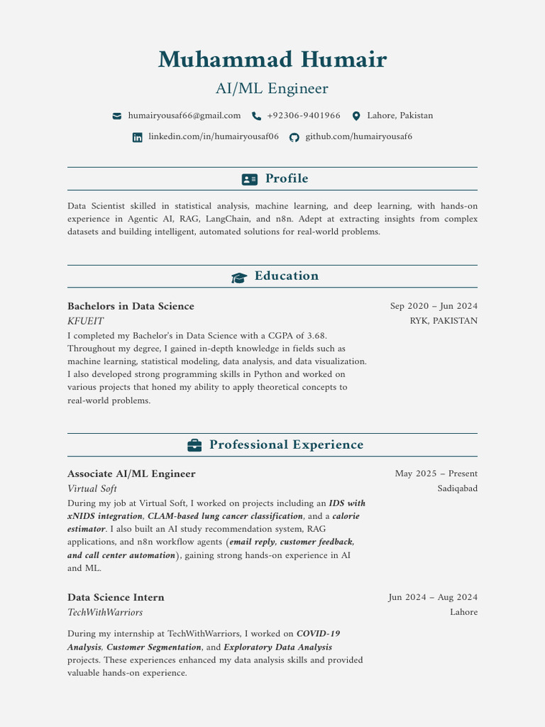 Muhammad Humair: AI/ML Engineer Profile | PDF | Machine Learning | Data ...