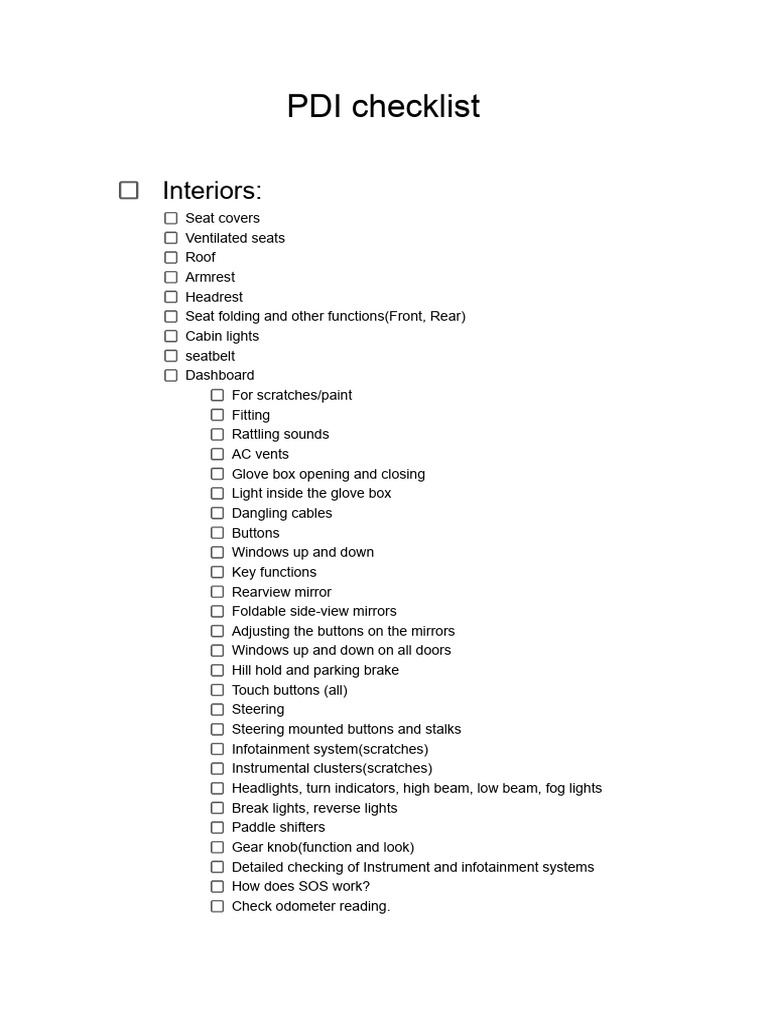 PDI Checklist for Vehicle Inspection | PDF