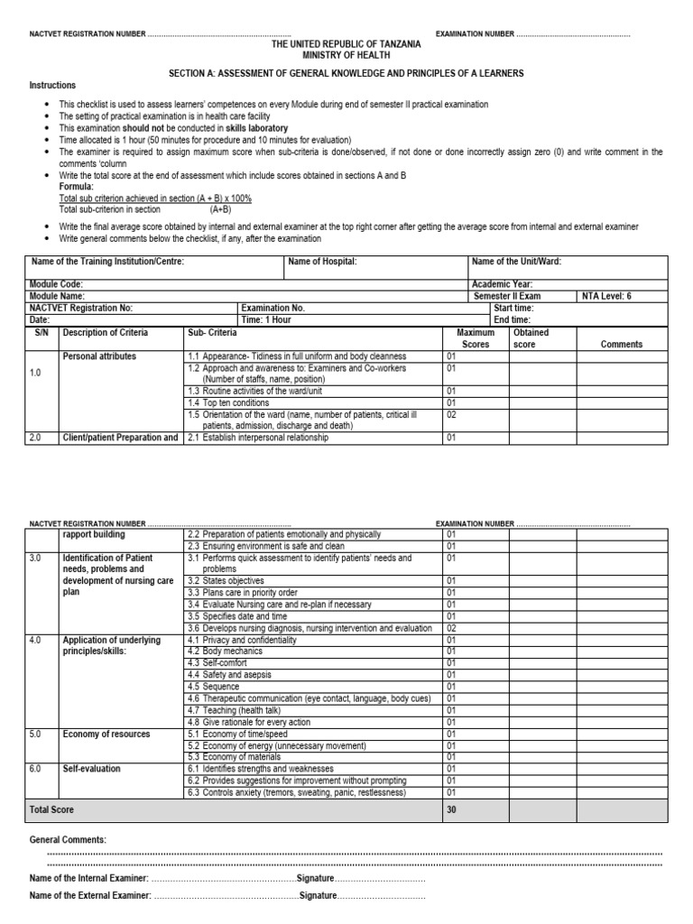Practical Exam Assessment Checklist | PDF | Nursing | Health Care