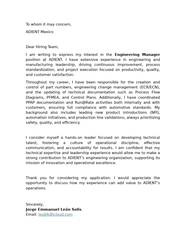 Engineering Manager Application at ADIENT | PDF