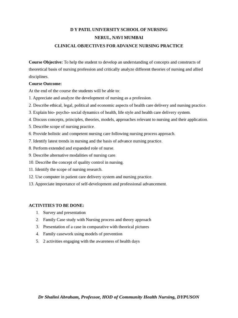Advance Nursing Practice Clinical Objectives | PDF