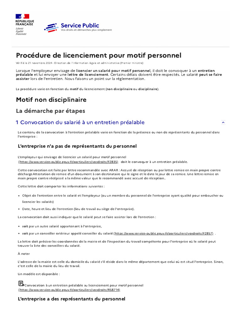 Licenciement pour motif personnel : procédure | PDF | Travail