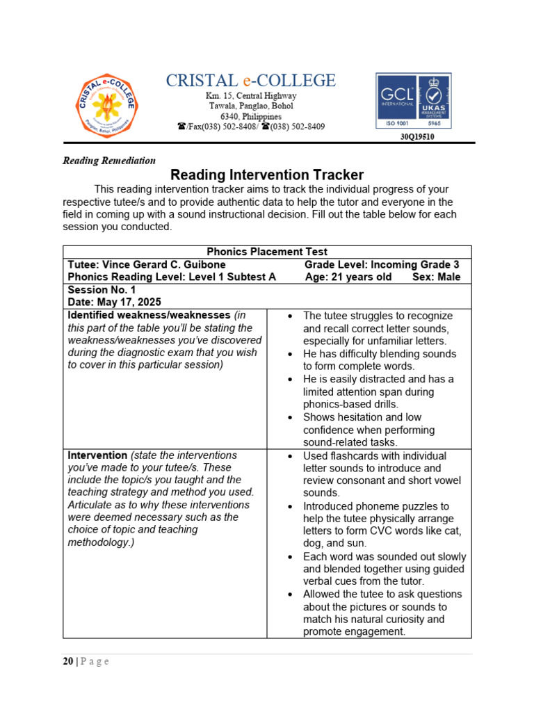 Gabreeey-Reading Intervention Tracker | PDF | Phonics | Reading Comprehension