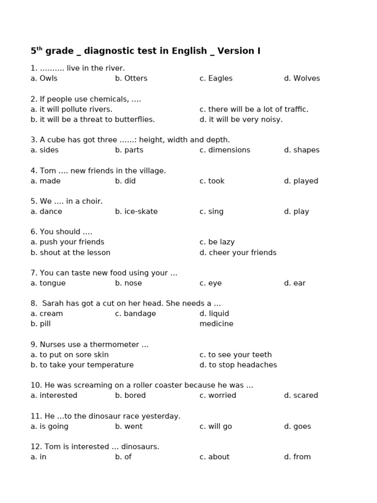 5th Grade Diagnostic Test - Version I | PDF
