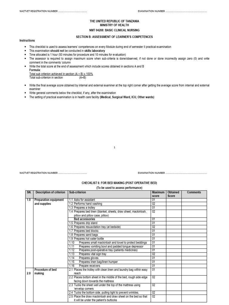 Checklist 6 - For Bed Making - Post Operative Bed | PDF | Bed | Health Care