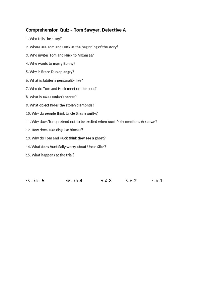 Tom Sawyer Detective Quiz Questions | PDF