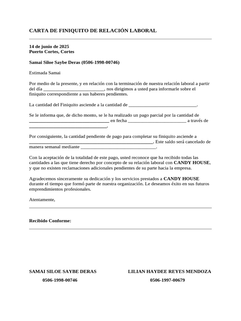 Carta de Finiquito de Relación Laboral | PDF