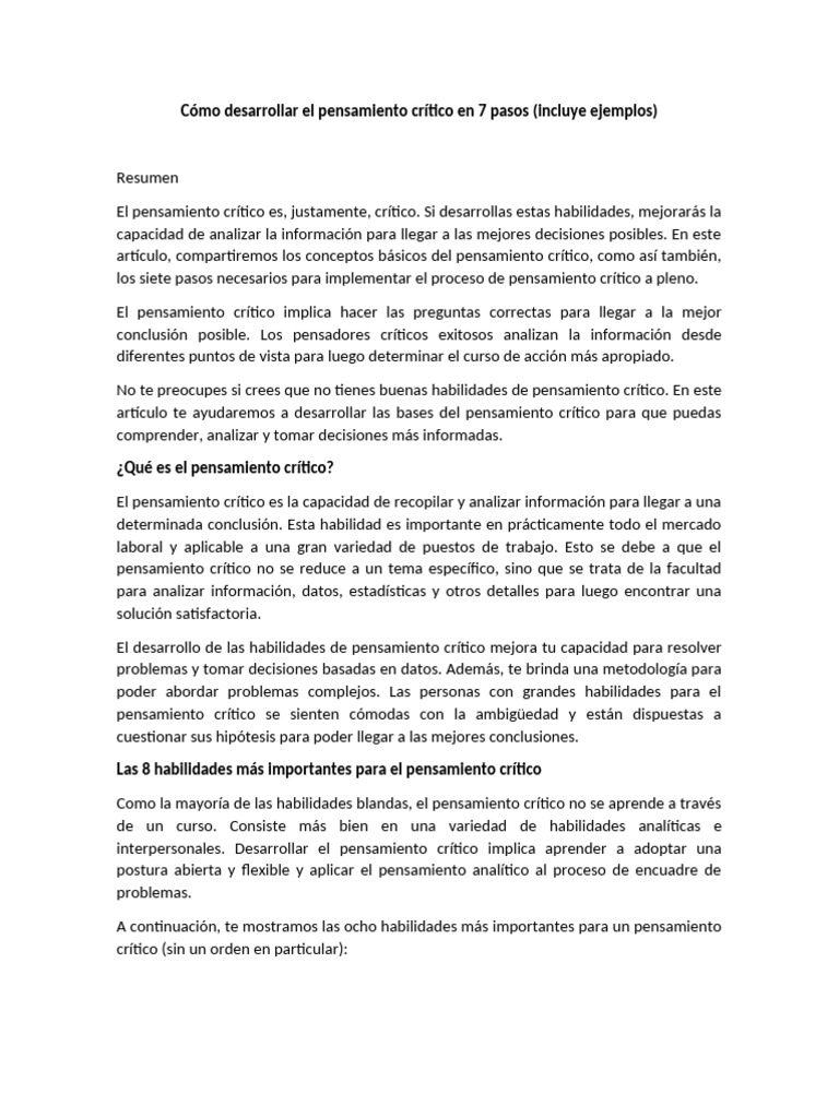 Desarrolla tu pensamiento crítico en 7 pasos | PDF | Pensamiento ...