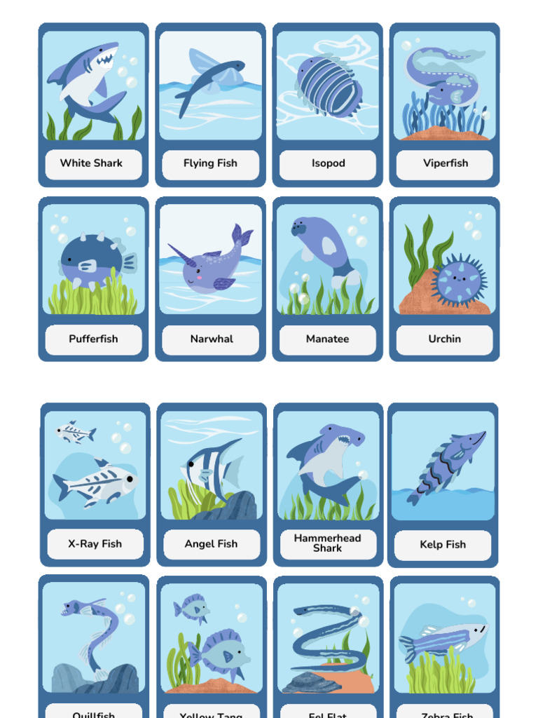Sea Animal Vocabulary Flashcard in Blue With Green Accent Cute Style | PDF