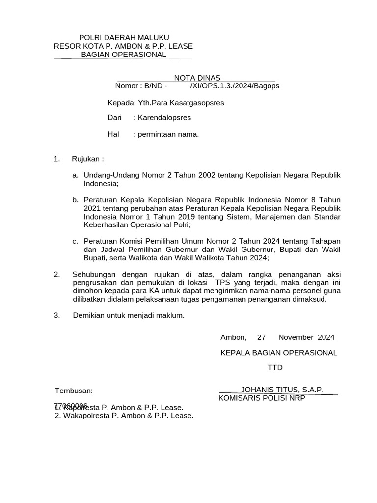Nota Dinas Perminitaan Personel Pam Penanganan Kasi Pengrusakan | PDF