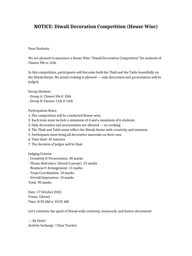 Diwali Decoration Competition Notice (1) | PDF