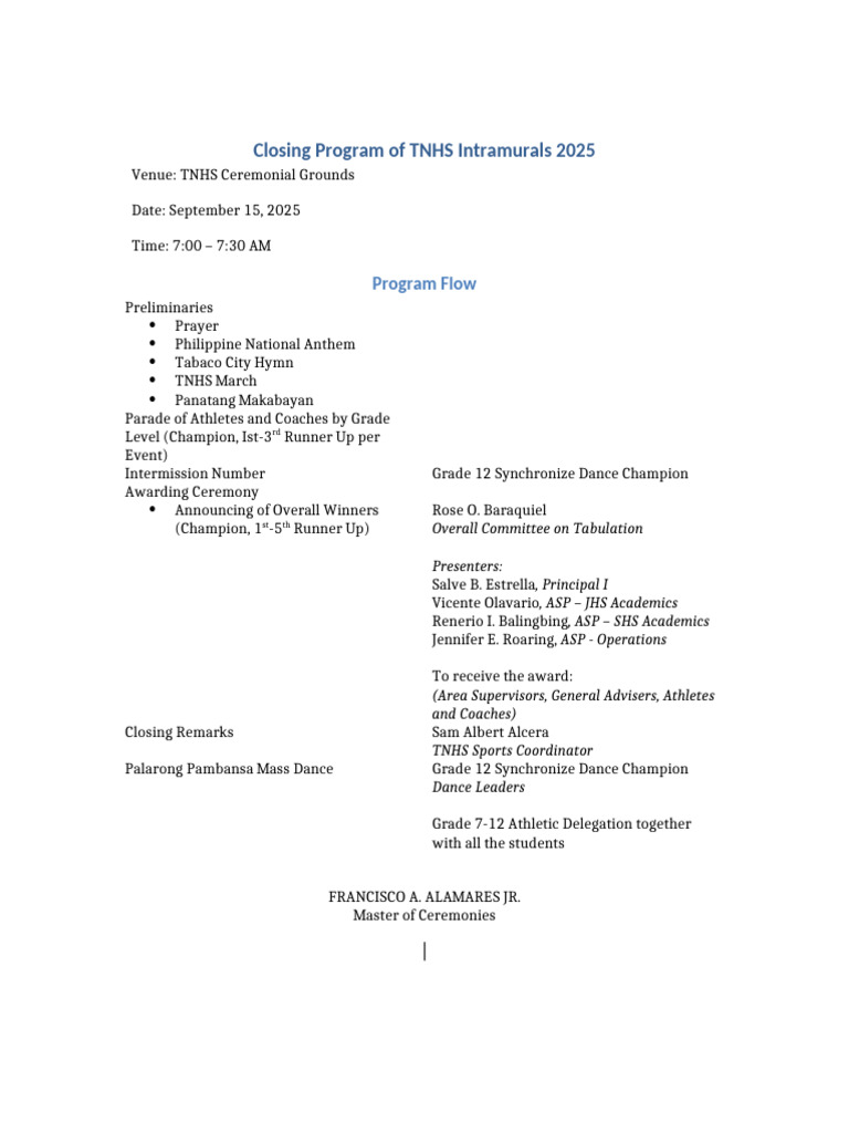 Closing Program Intramurals 2025 | PDF