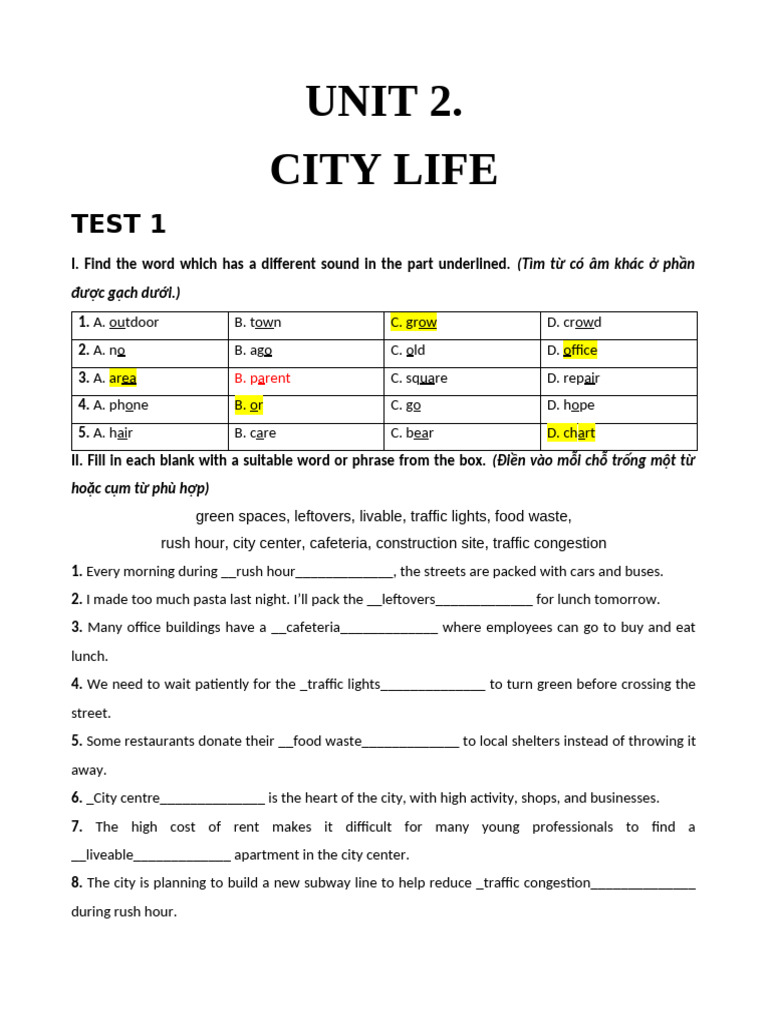 Đề Kiểm Tra Global Success 9 Đề Kiểm Tra UNIT 2. CITY LIFE | PDF | Cost Of Living | Transport