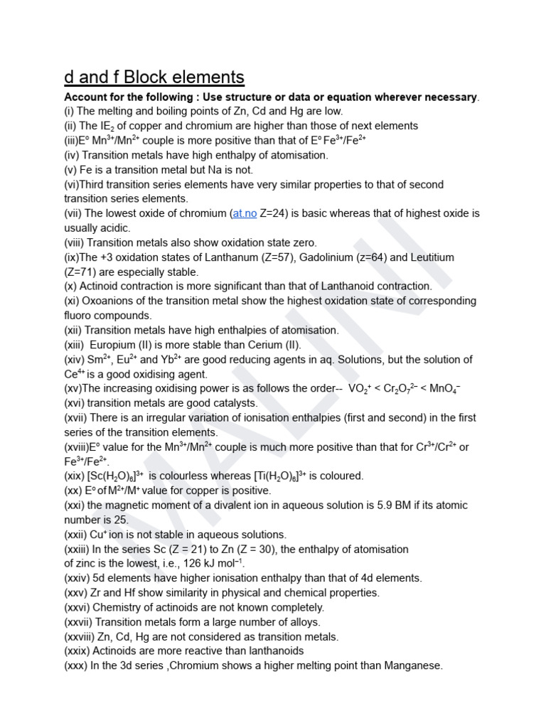 D and F Block Elements-2025 | PDF | Transition Metals | Lanthanide