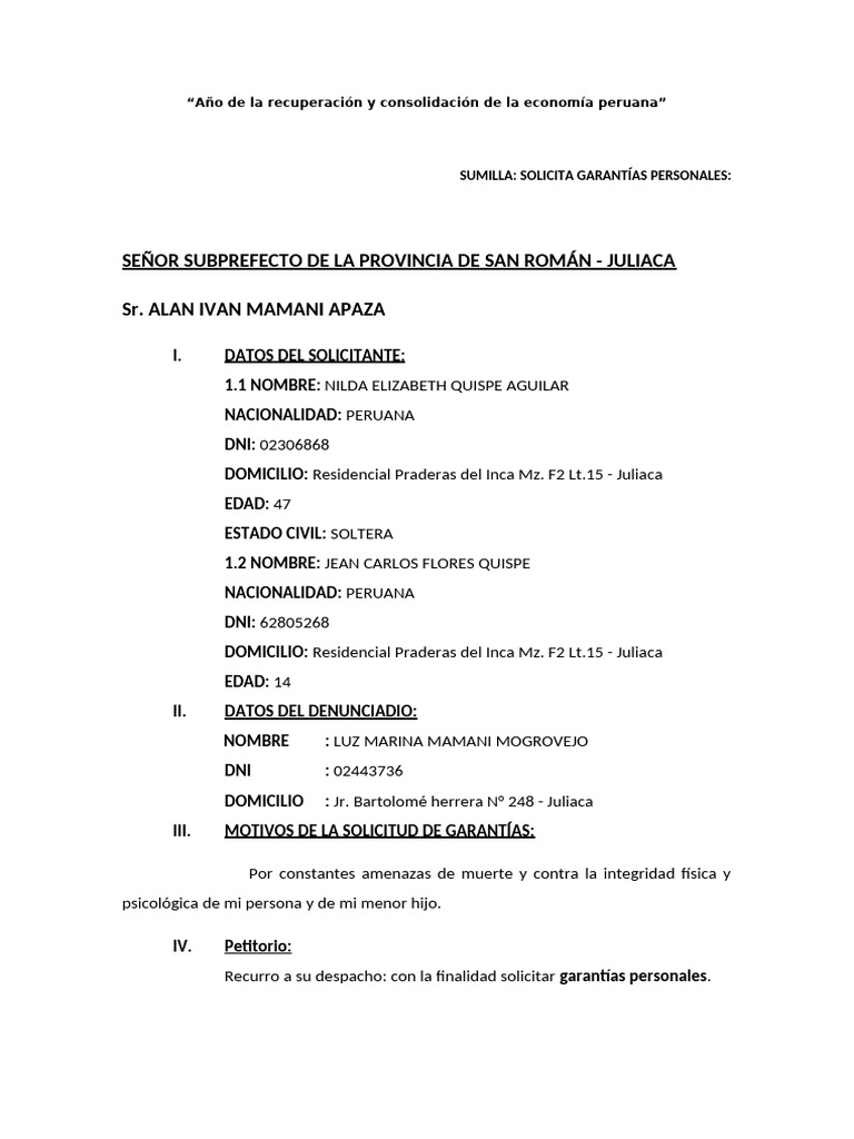 Solicitud de Garantias Personales NILDA 2025 | PDF | Justicia | Crimen y violencia
