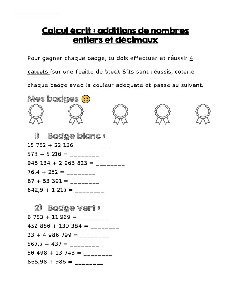 Calculs d'additions : badges et corrigés | PDF