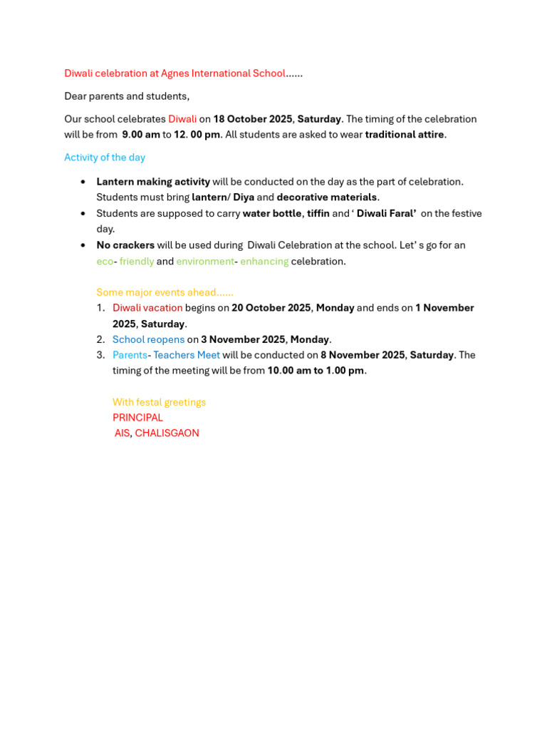 Diwali Celebrations and Programs Ahead | PDF