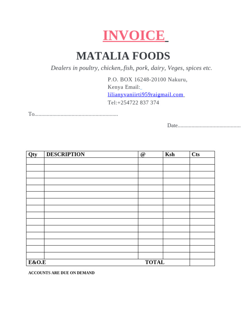 Invoice for Matalia Foods Services | PDF
