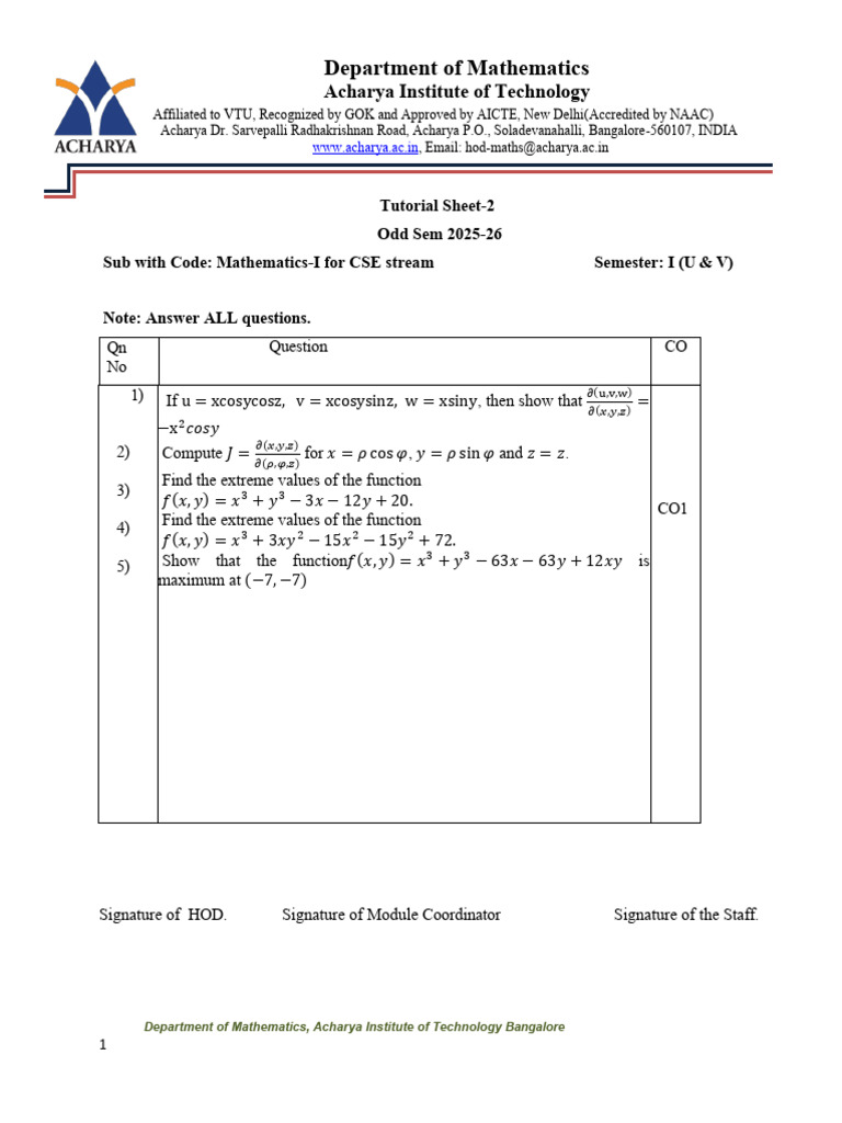 Mathematics-I Tutorial Sheet 2025-26 | PDF