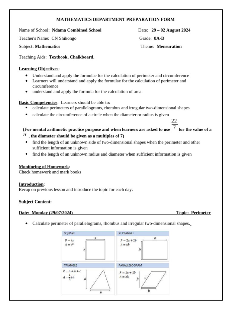 MATHEMATICS DEPARTMENT Lesson Preparation Grade 8 Week 3 - 1 | PDF ...