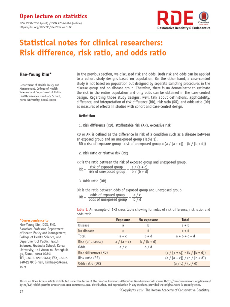 Statistical Notes For Clinical Researchers: Risk Difference, Risk Ratio ...