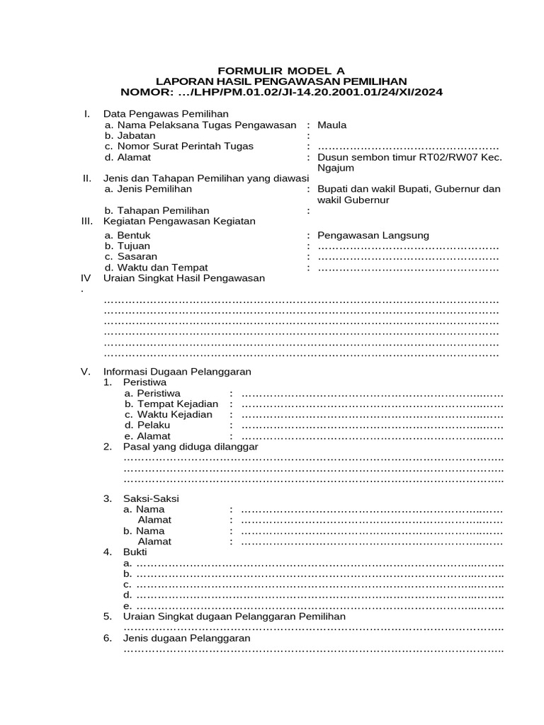 Contoh Formulir Pengawasan Pemilihan | PDF