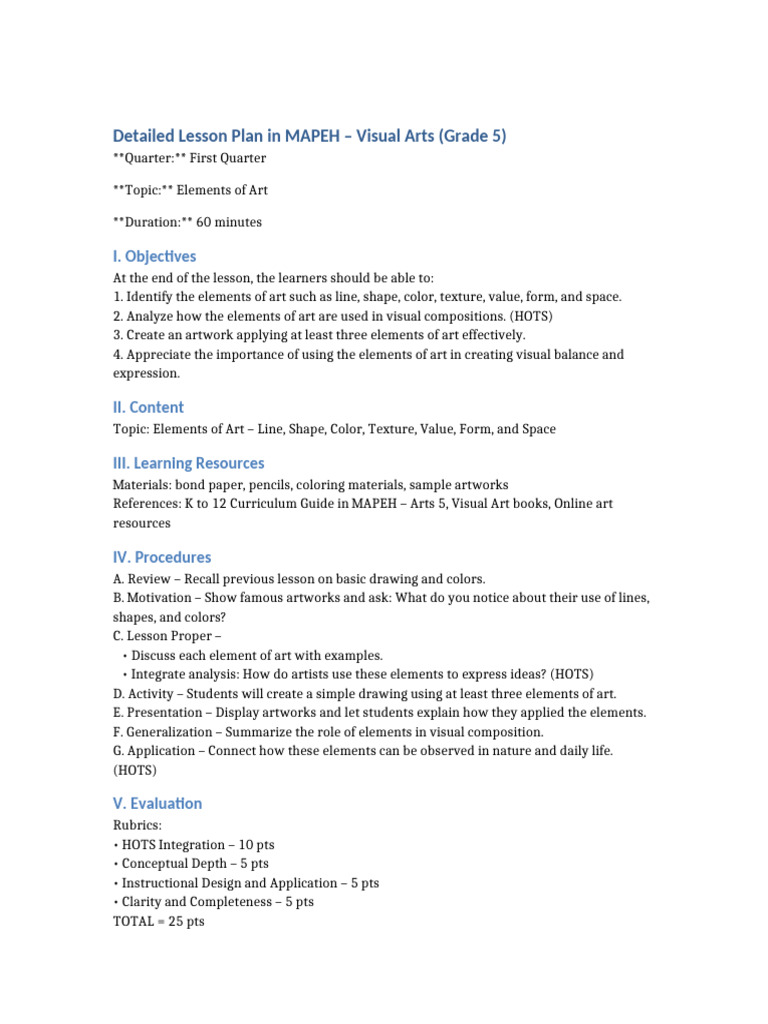 Grade 5 Visual Arts Lesson Plan | PDF