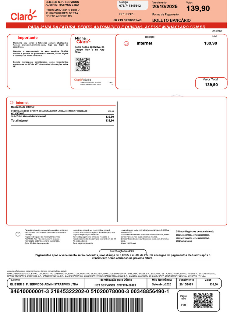 Fatura Claro: Detalhes e Vencimento | PDF | Internet | Bancos