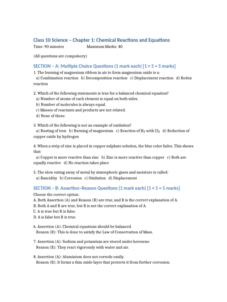 Class 10 Science: Chemical Reactions Guide | PDF | Redox | Chemical ...