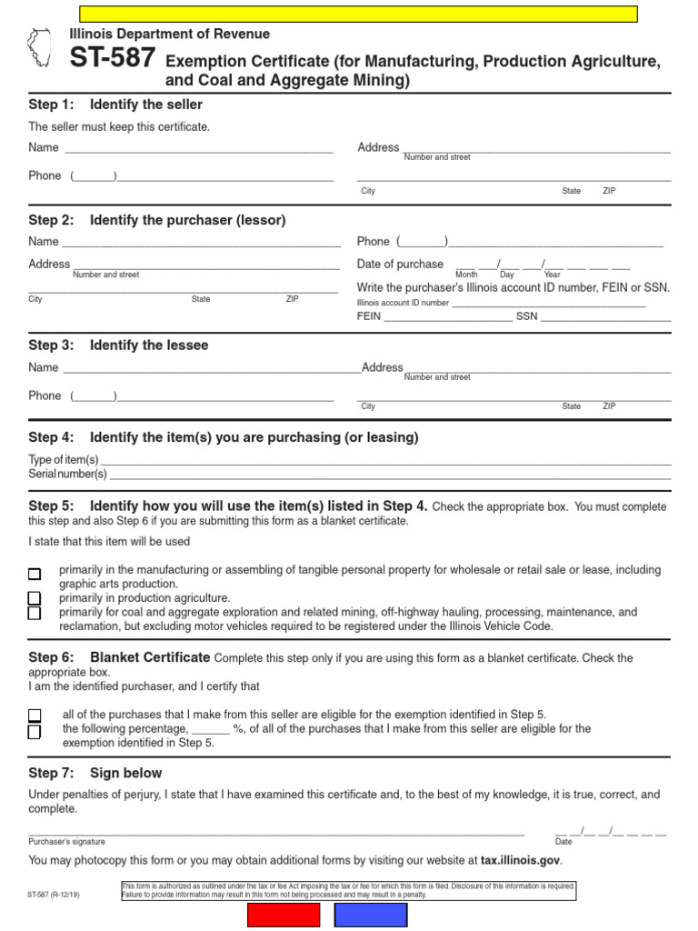 Illinois ST-587 Exemption Certificate Guide | PDF | Lease | Taxes