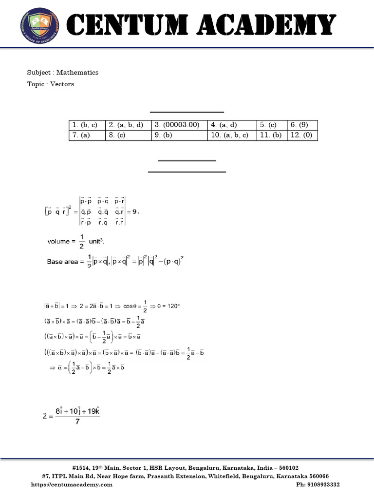 Mathematics Vectors Answer Keys and Solutions | PDF