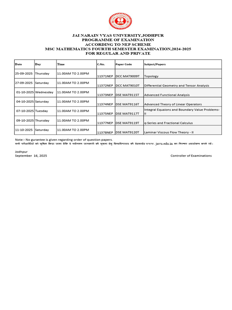 MSC Mathematics Nep Scheme Fourth Semester Examination 2025 For | PDF