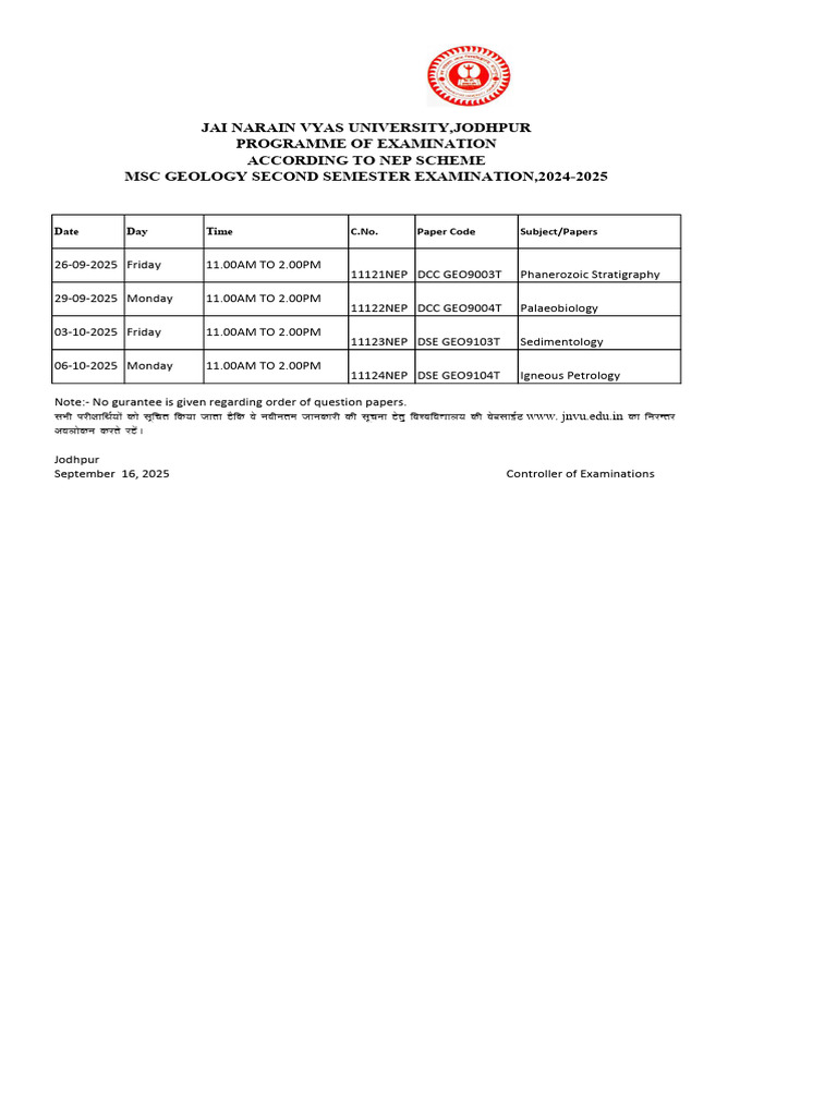 MSc Geology Exam Schedule 2025 | PDF