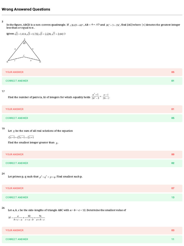 Wrong Answered Questions: Your Answer | PDF | Numbers | Triangle