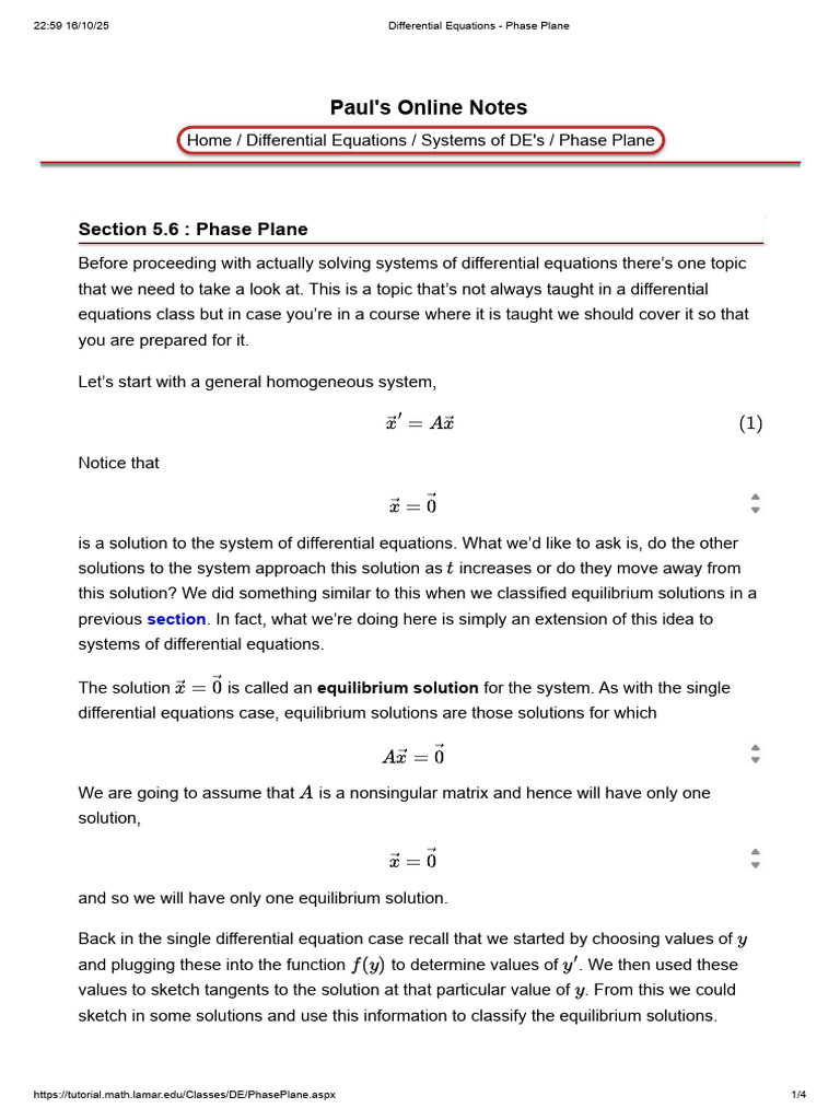 Phase Plane in Differential Equations | PDF | Algebra | Mechanics