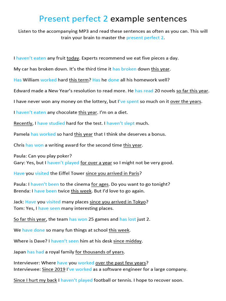 Present Perfect 2 Example Sentences | PDF