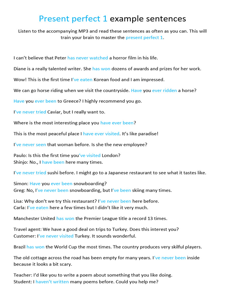 Present Perfect 1 Example Sentences | PDF